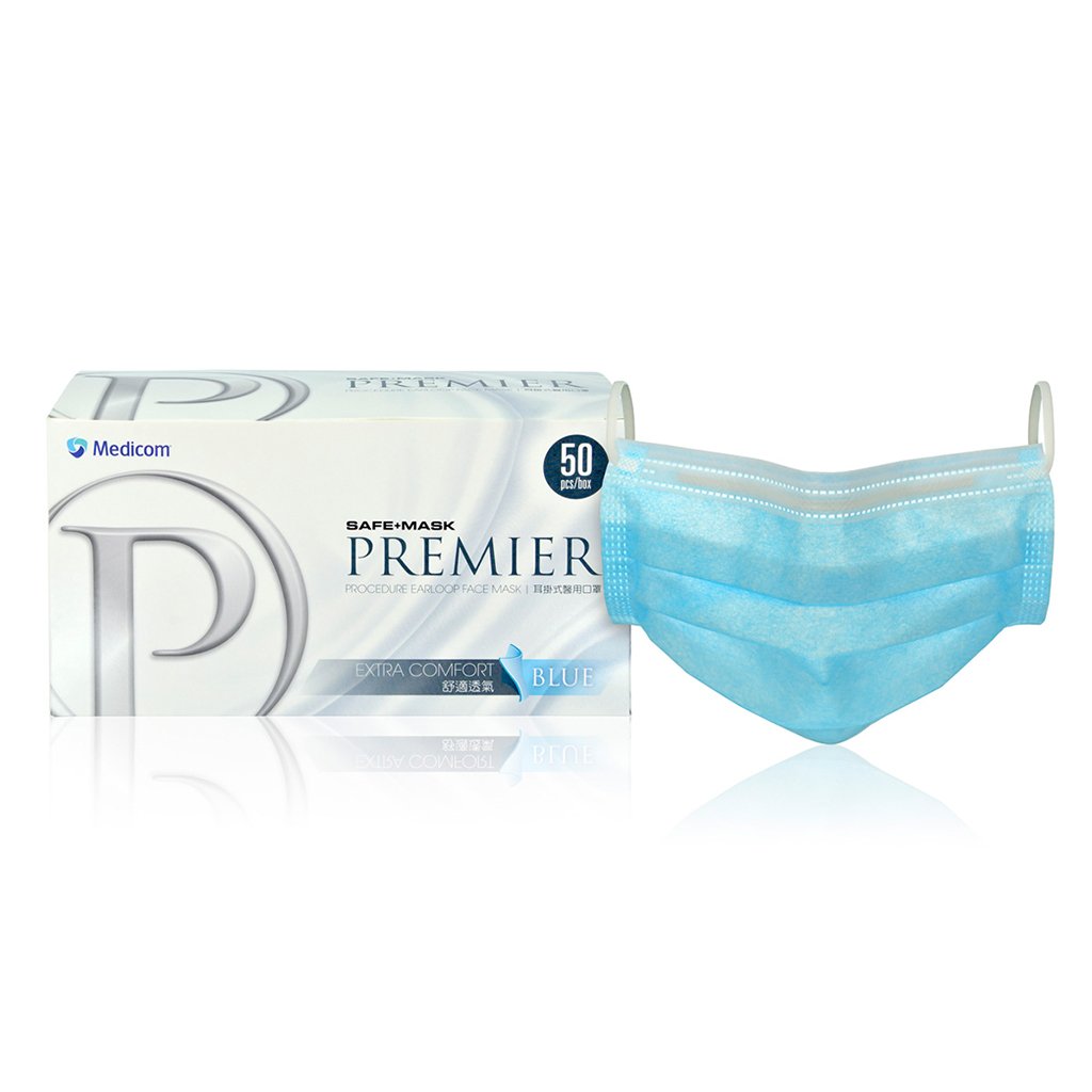 Medicom Safe+Mask Premier Earloop Mask Blue 50/Box - HSHK